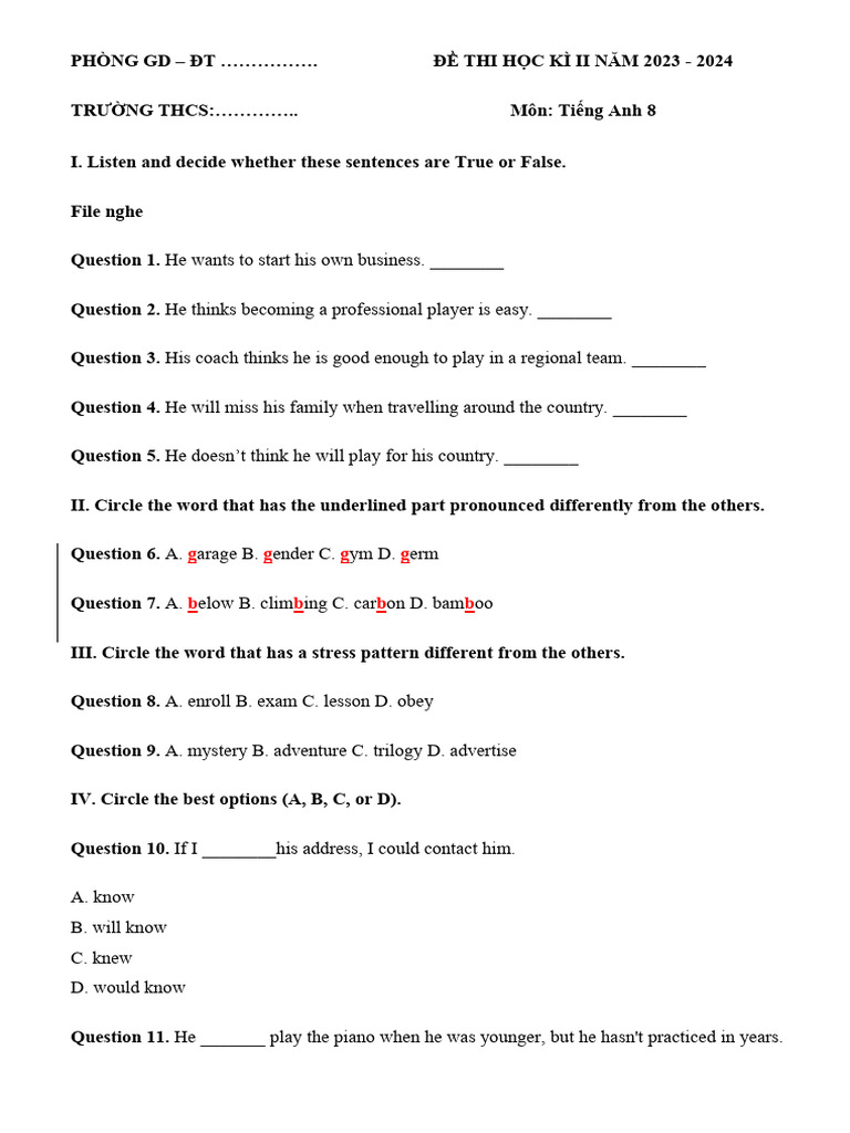 De Thi hk2 Tieng Anh 8 Friends Plus | PDF