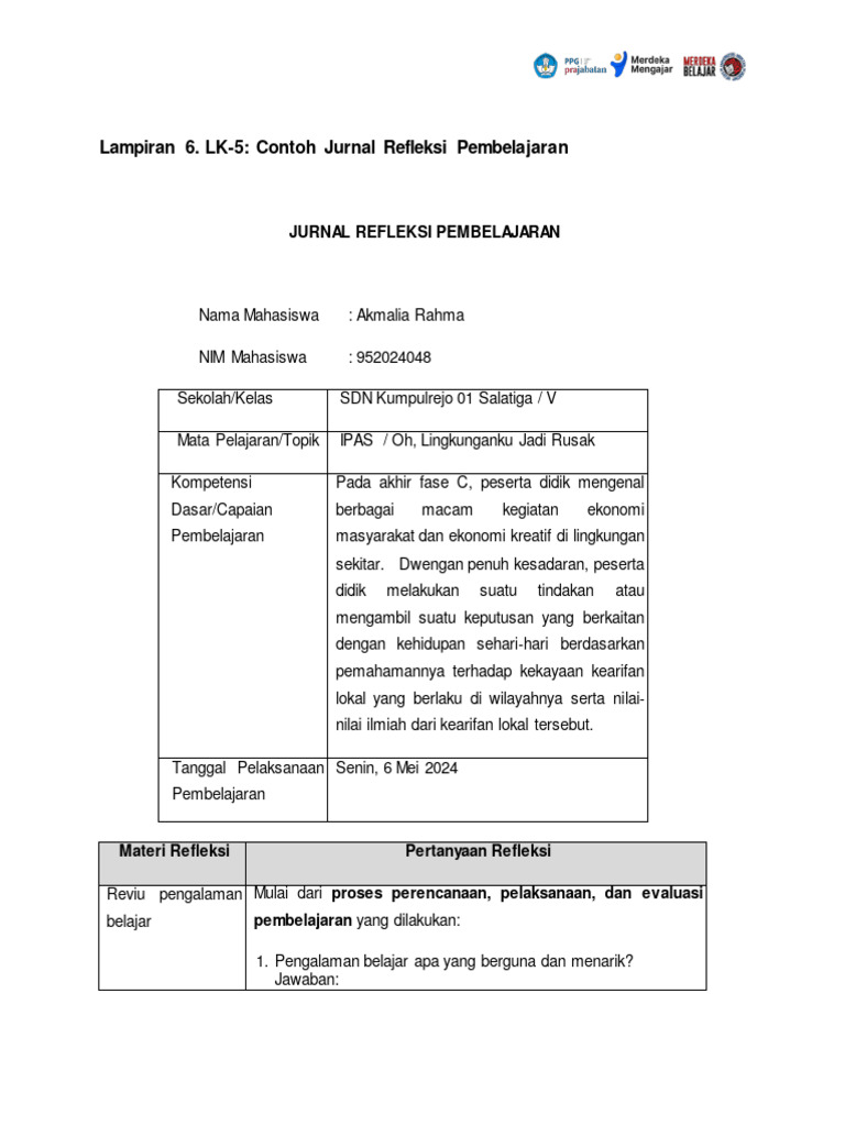 SIKLUS 3-Lampiran 6. LK-5 Contoh Jurnal Refleksi Pembelajaran | PDF