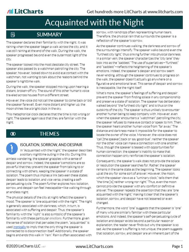 Acquainted With The Night LitChart | PDF | Poetry | Shyness