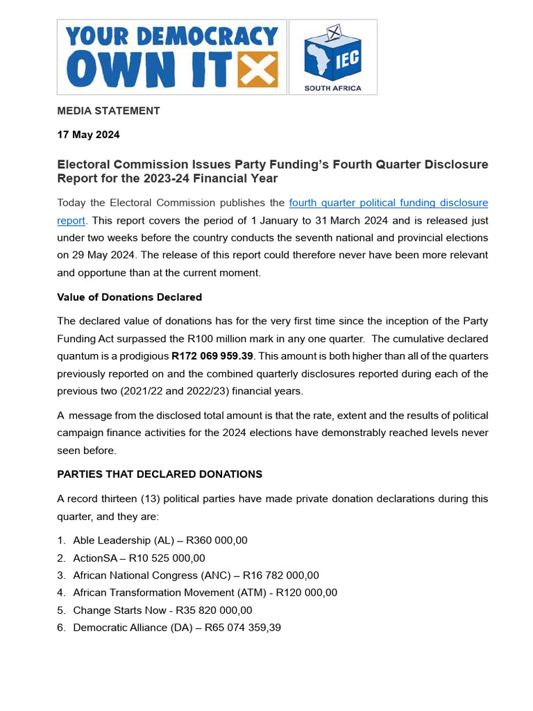 IEC Media Statement - Fourth Quarter Declarations Report - 17 May 2024 | PDF | Government ...