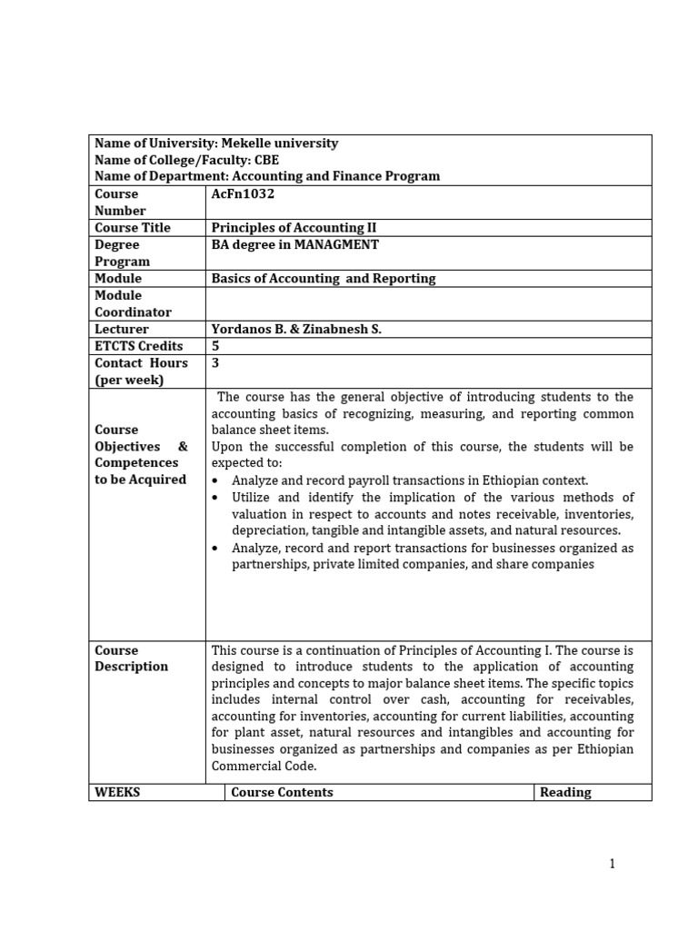 Course Out Line Principle II | PDF | Balance Sheet | Inventory