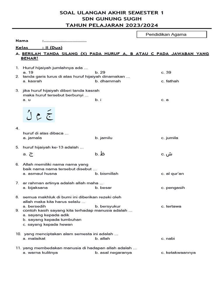 Soal UAS PAI Kelas 2 SD Semester 1 (Ganjil) Dan Kunci Jawaban | PDF