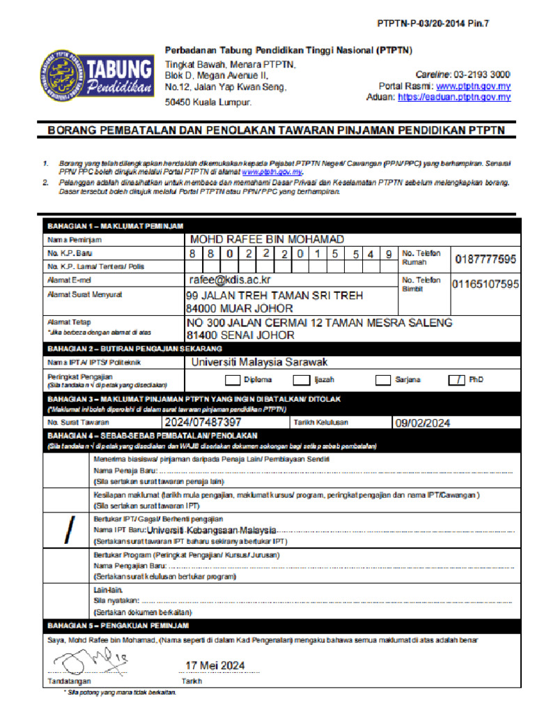 BORANG PEMBATALAN DAN PENOLAKAN TAWARAN PINJAMAN PENDIDIKAN PTPTN | PDF