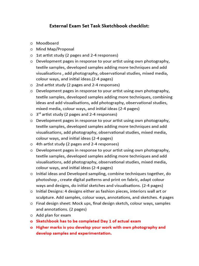 External Exam Sketchbook Checklist Guide | PDF