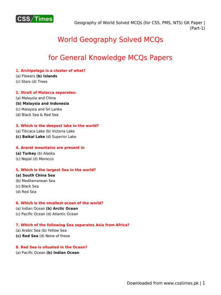 Geography of World Solved MCQs (For CSS, PMS, NTS) GK Paper - (Part-1 ...