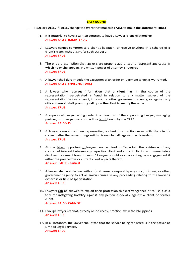 Lawyer Ethics and Responsibilities Quiz | PDF | Lawyer | Conflict Of ...