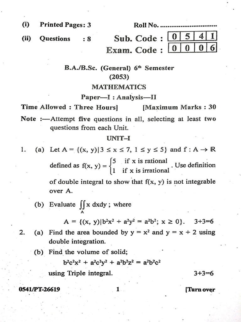 BA BSC - General - 6th Sem - Mathematics - Paper I - Analysis II - May 2023 | PDF