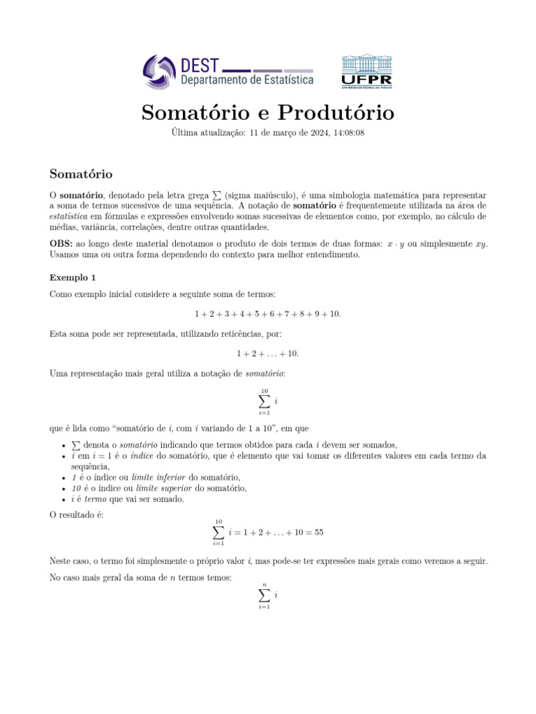 Somatorio Produtorio Ufpr | PDF | Somatório | Analise matemática