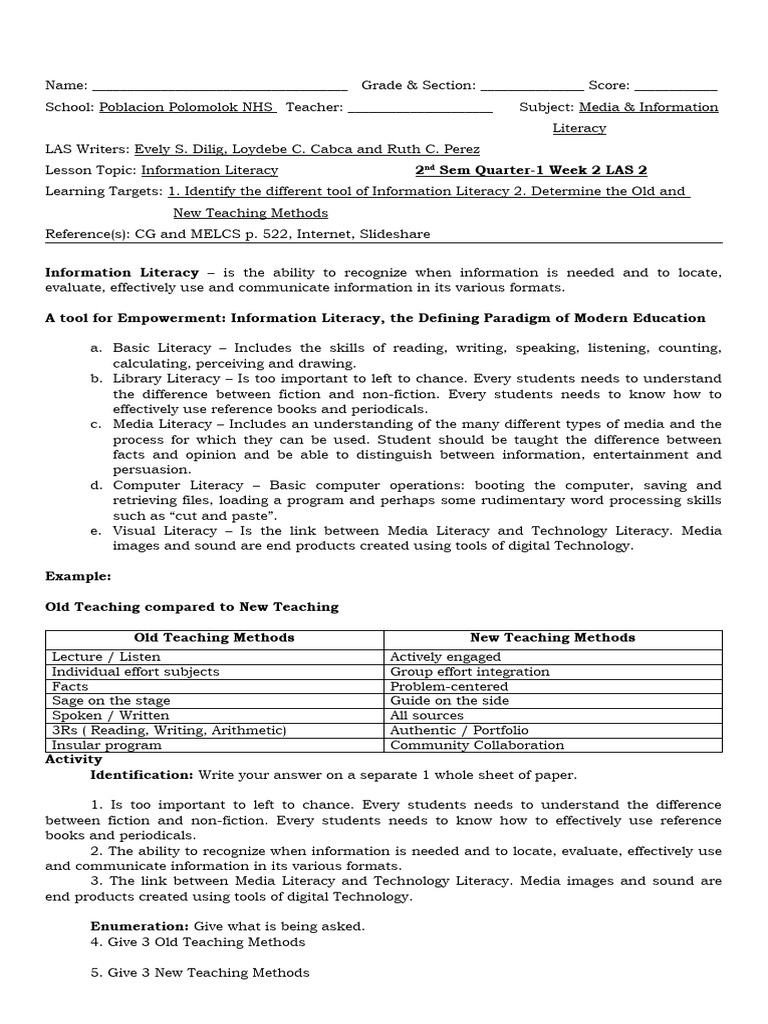 LAS-MEDIA-INFO.-LITERACY-Q3-WEEK2-LAS2 | PDF | Information Literacy | Teaching Method