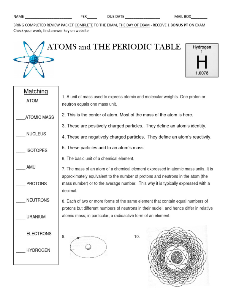 Atoms and Periodic Table Quiz Review Packet | PDF | Atoms | Proton