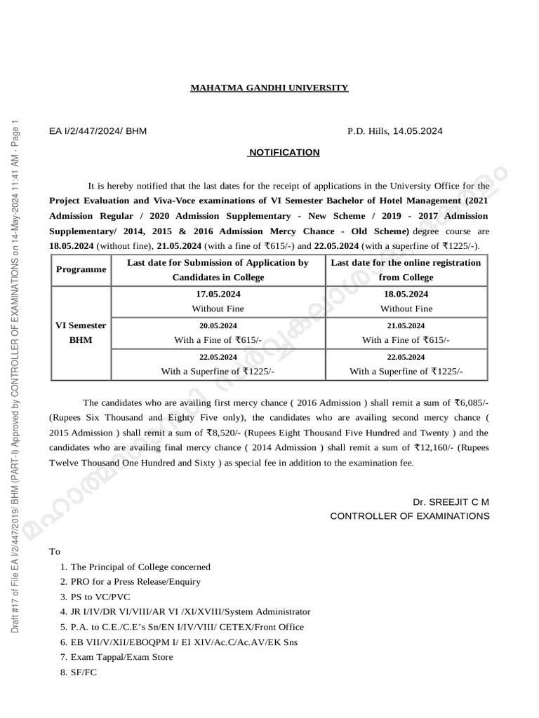 BHM VI Sem Fee Notification | PDF | Rupee
