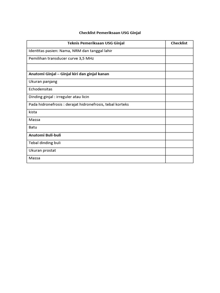 Checklist Pemeriksaan USG GInjal PIT INterna 2022 Edit Ginova | PDF