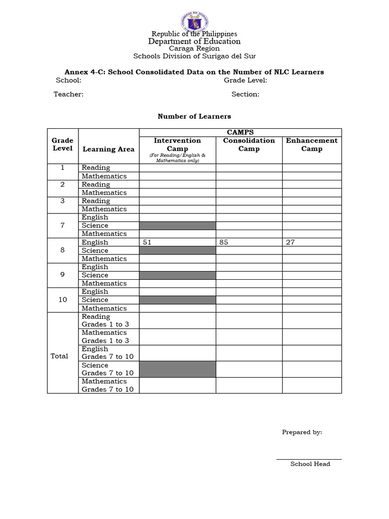 ANNEX 4 C - School Consolidated Data On The Number of NLC Learners | PDF