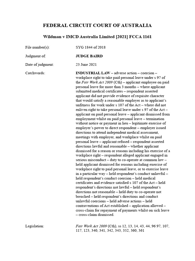 Wildman V IMCD Australia Limited (2021) FCCA 1161 | PDF | Affidavit ...