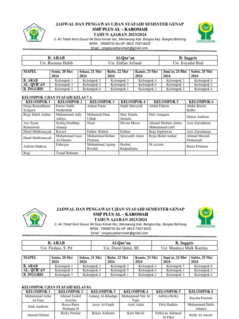 Jadwal Dan Pengawas Ujian Syafahi Semester Genap | PDF