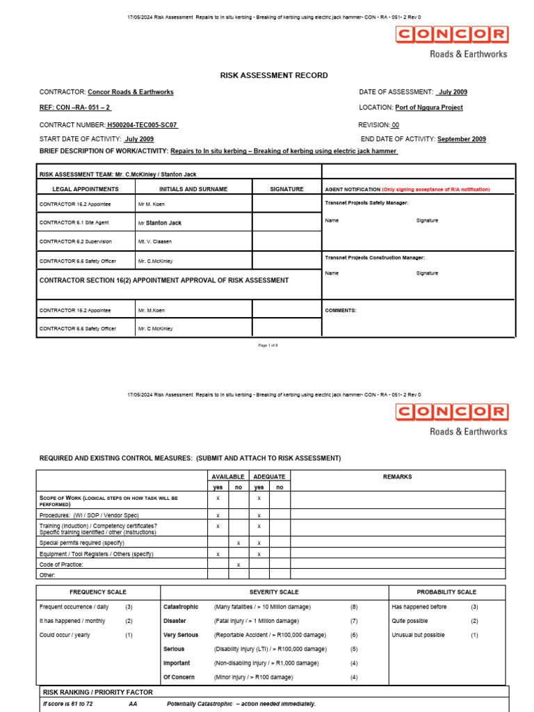 RISK ASSESSMENT - Repairs To in Situ Kerbing - BLaying Paving, Kerb ...