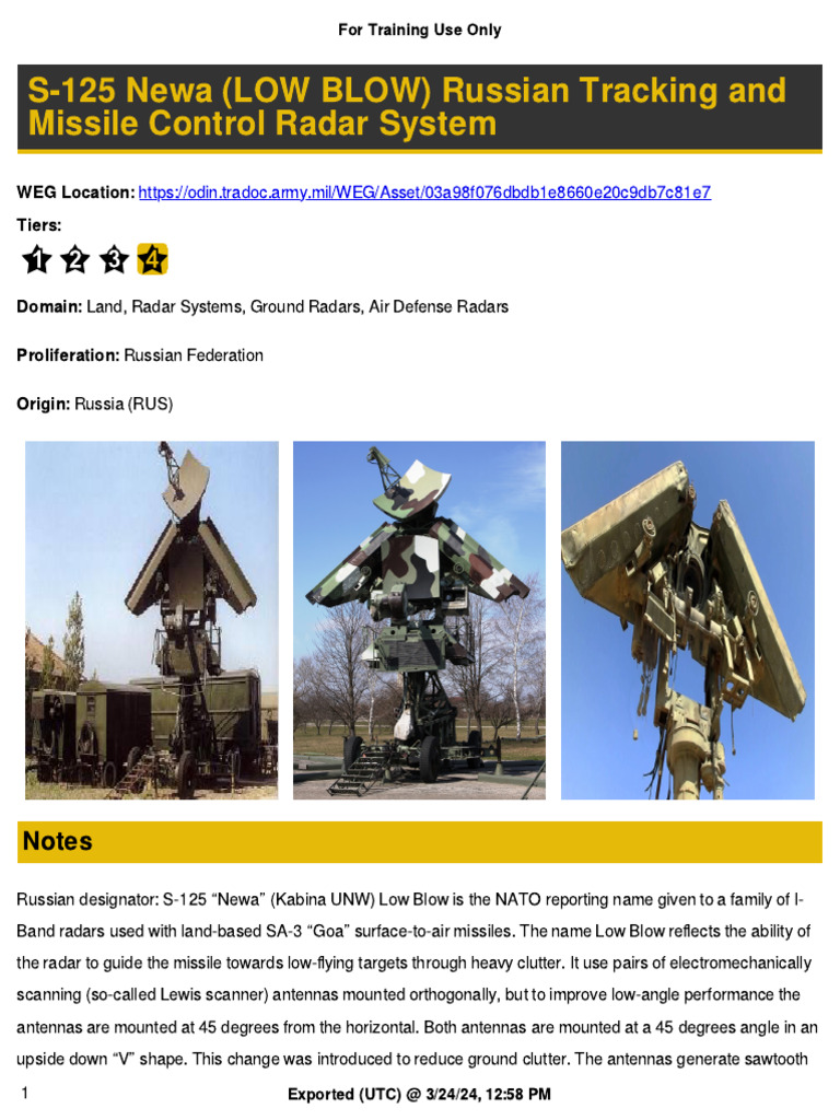 S-125 Newa (LOW BLOW) Russian Tracking and Missile Control Radar System | PDF | Radar | Missile