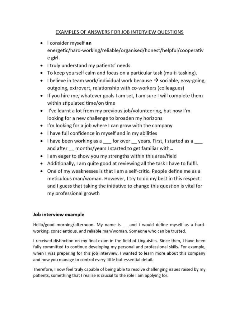 Examples of Answers For Job Interview Questions | PDF | Job Interview ...