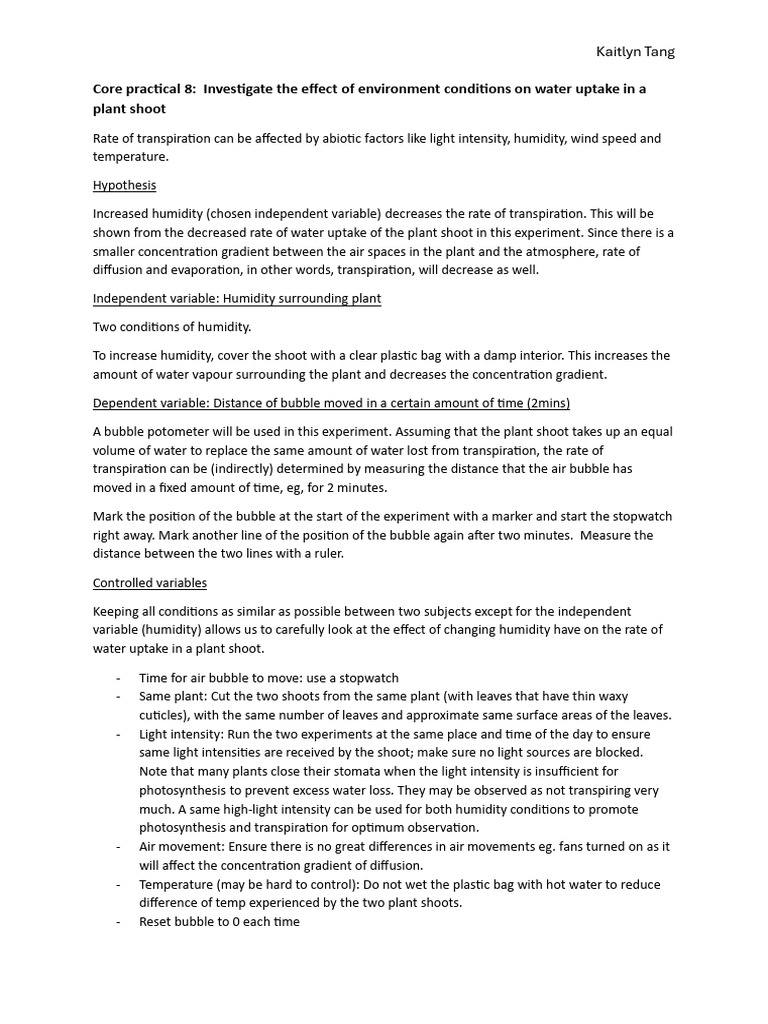 Core Prac 8 - Potometer N Transpiration (Humidity) | PDF | Earth Sciences