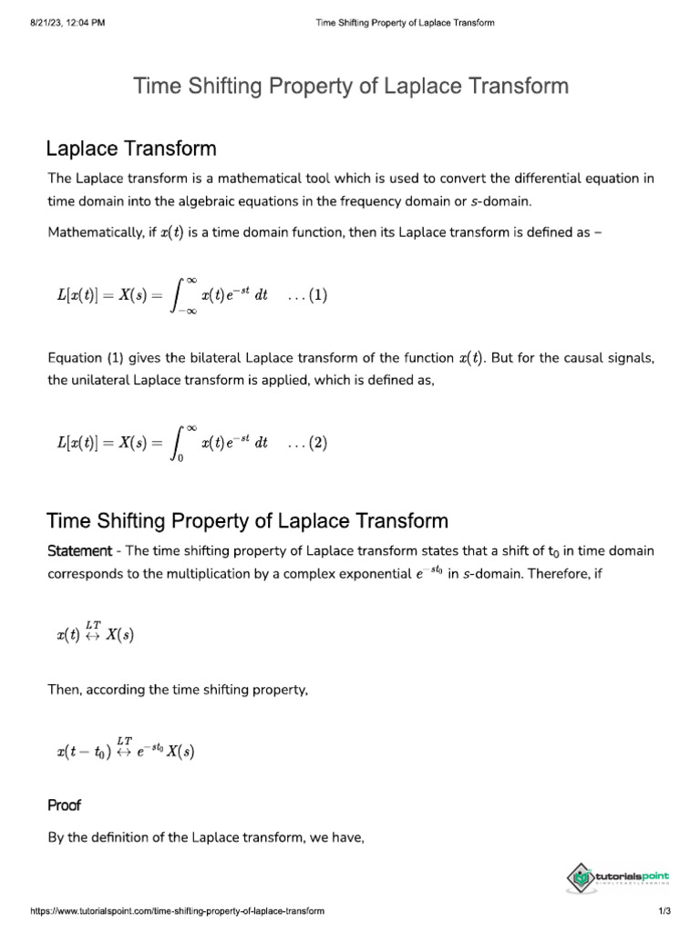 Time Shifting Property in Laplace Transform | PDF