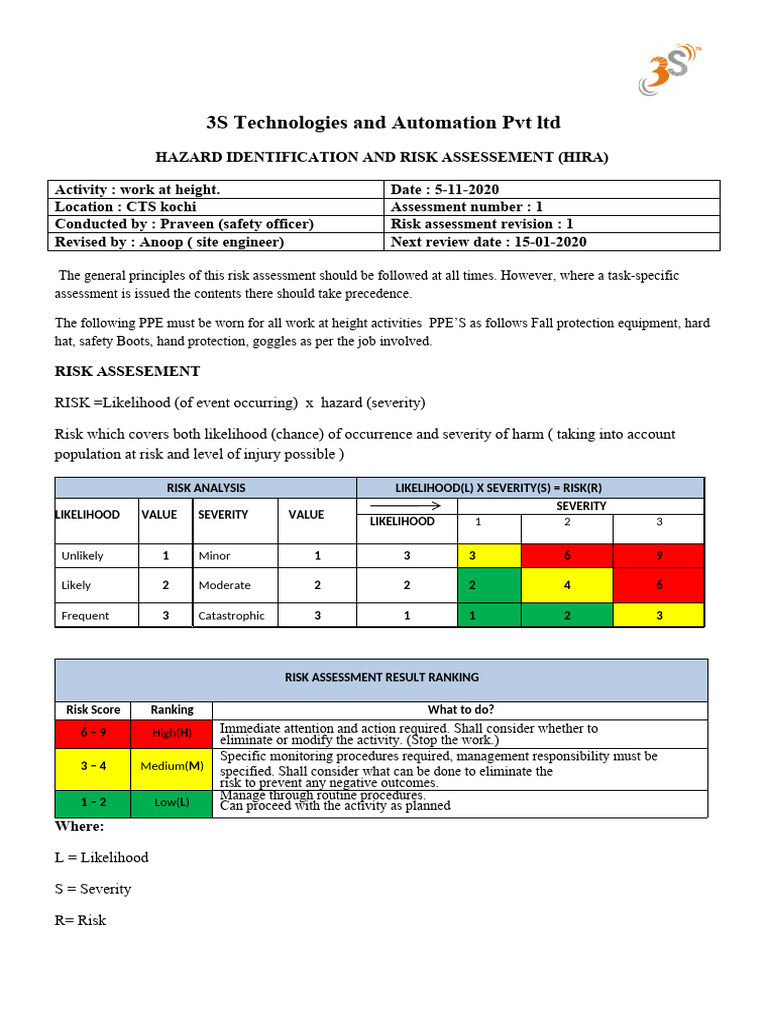 Hira Work At Height 1 Pdf Risk Personal Protective Equipment