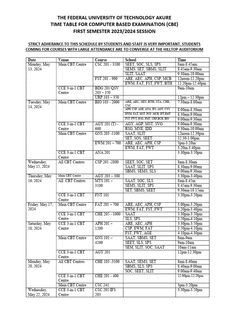 FUTA 2023/2024 First Semester CBE Schedule | PDF | Science & Mathematics