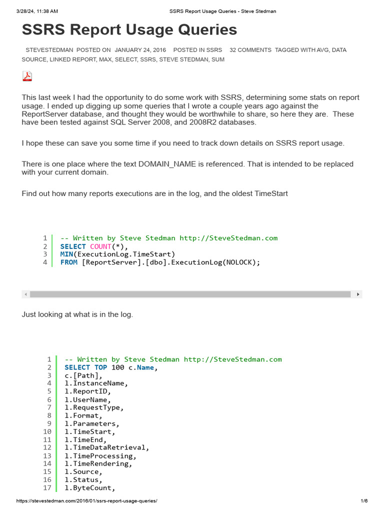 SSRS Report Usage Queries Explained | PDF | Databases | Software