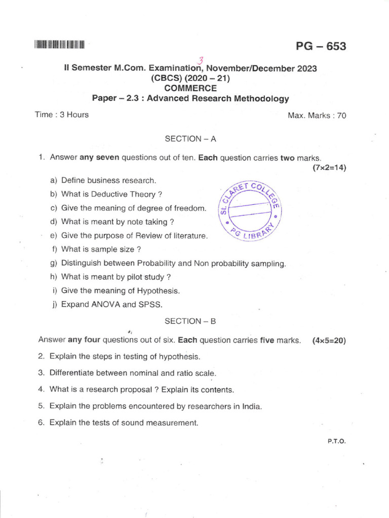 Advanced Research Methodology Exam 2023 | PDF | Sampling (Statistics) | Methodology