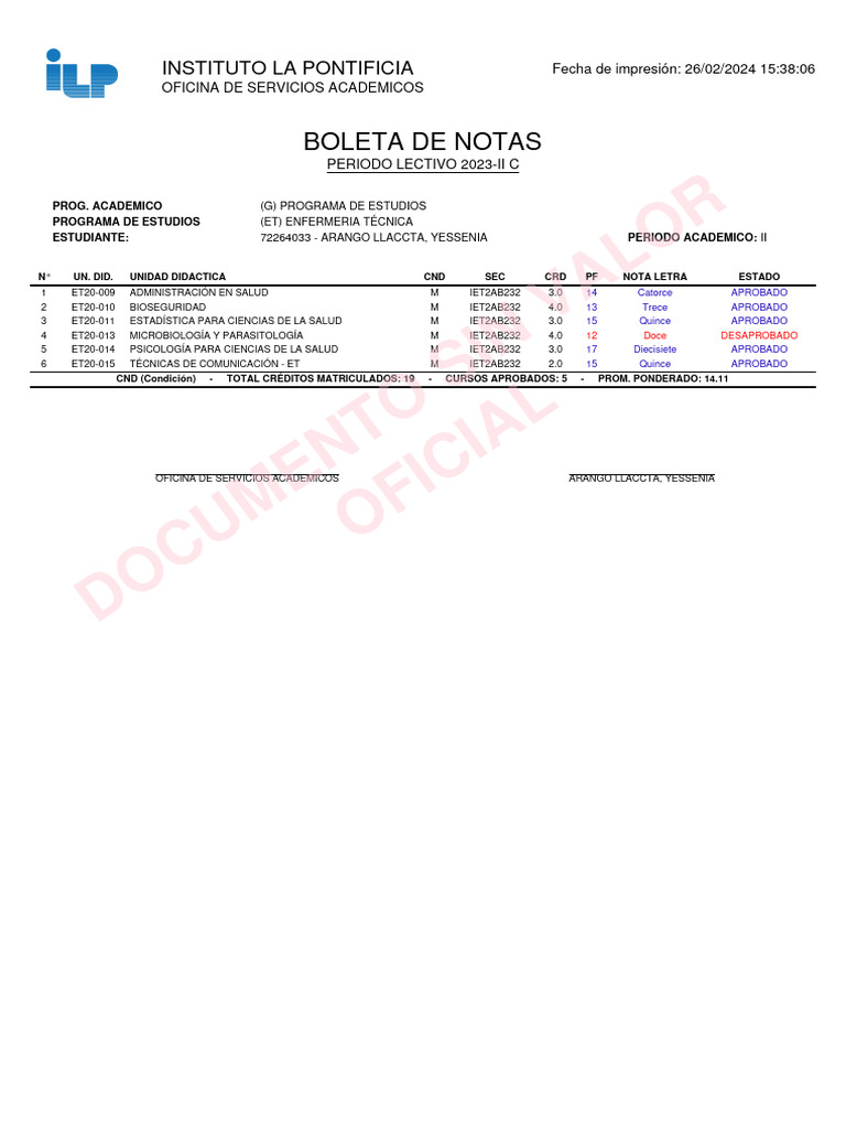Boleta de Notas | PDF