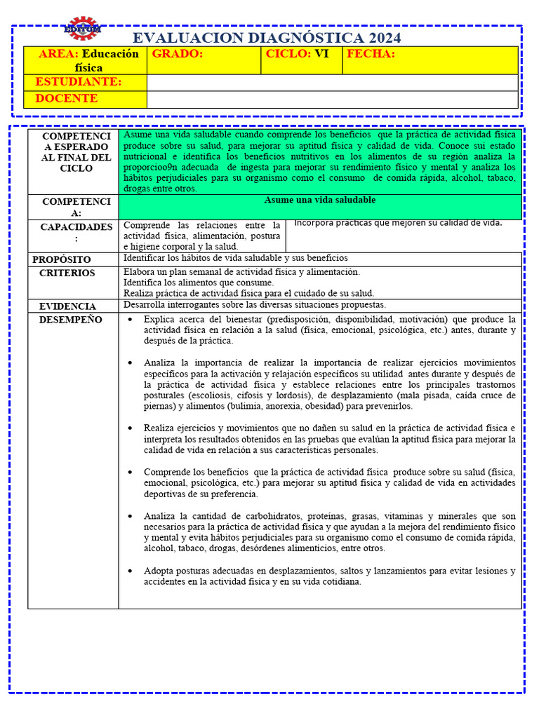 Eval Diag Educacion Fisica 2024 Pdf Alimentos Nutrición