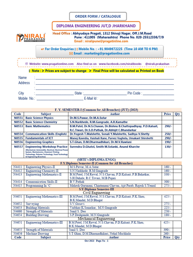 Jharkhand Jtu Sbte Diploma Engg Order Form Oct 2023 | PDF | Engineering | Electrical Engineering