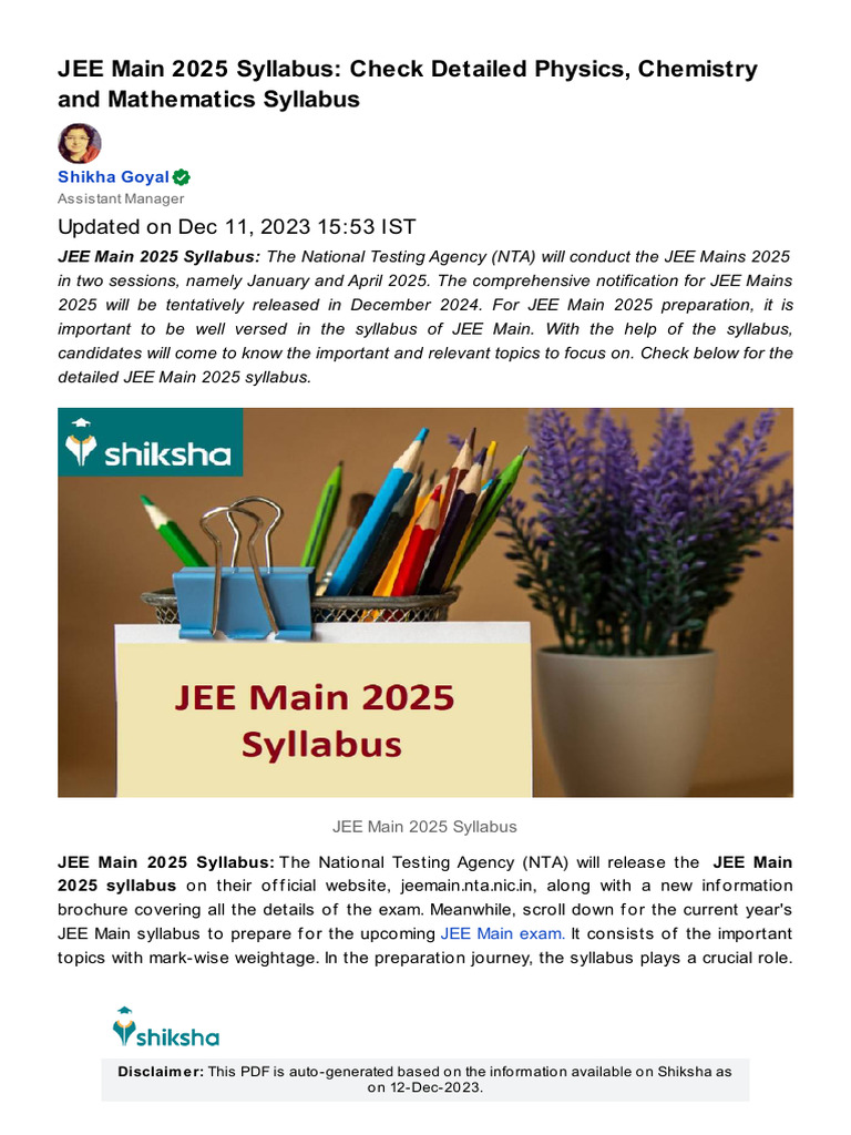 JEE Main 2025 Syllabus: Check Detailed Physics, Chemistry and ...