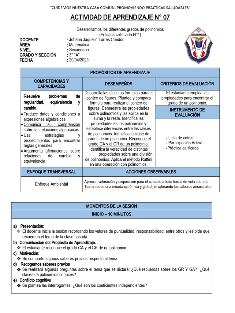 3a - Sesion de Aprendizaje - 7 - E2 | PDF | Evaluación | Aprendizaje