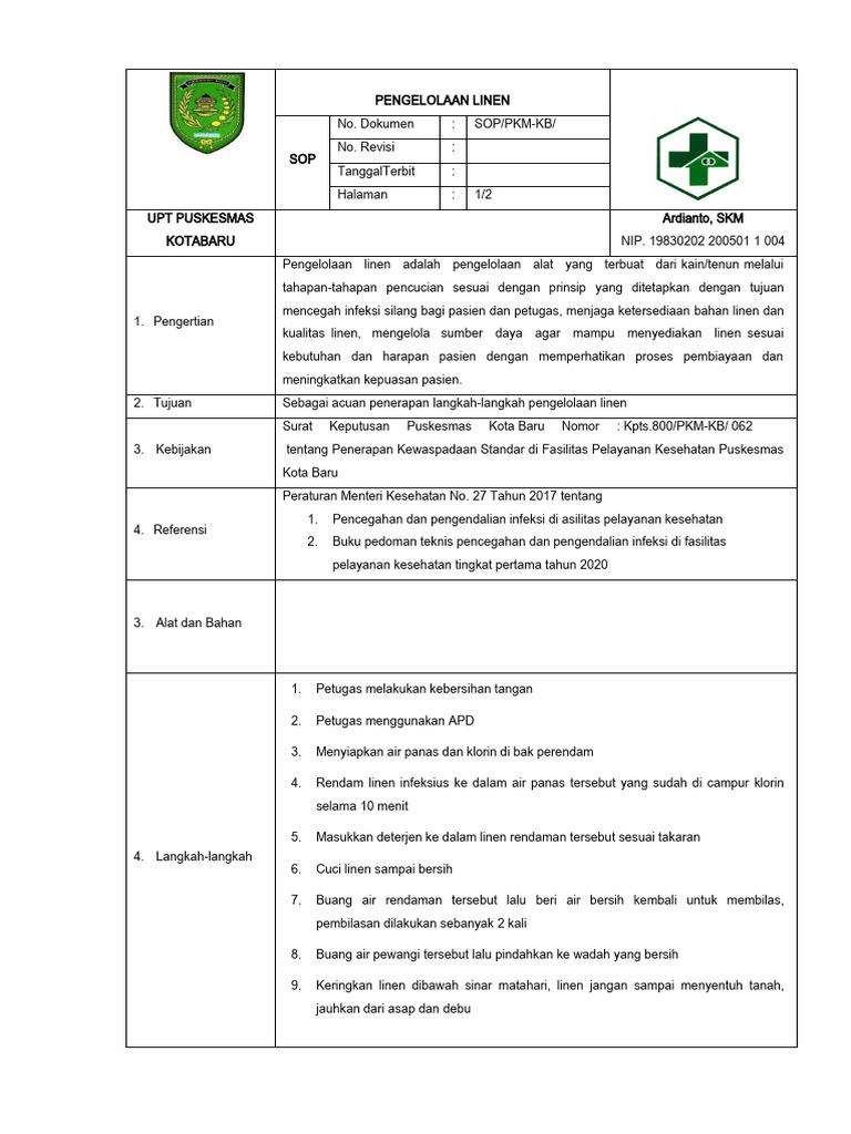 SOP Pengelolaan Linen Puskesmas | PDF | Sains & Matematika