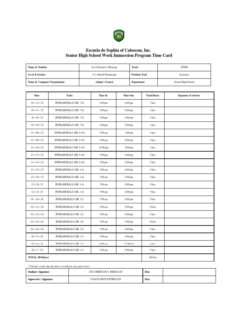 Work Immersion Time Card Summary | PDF
