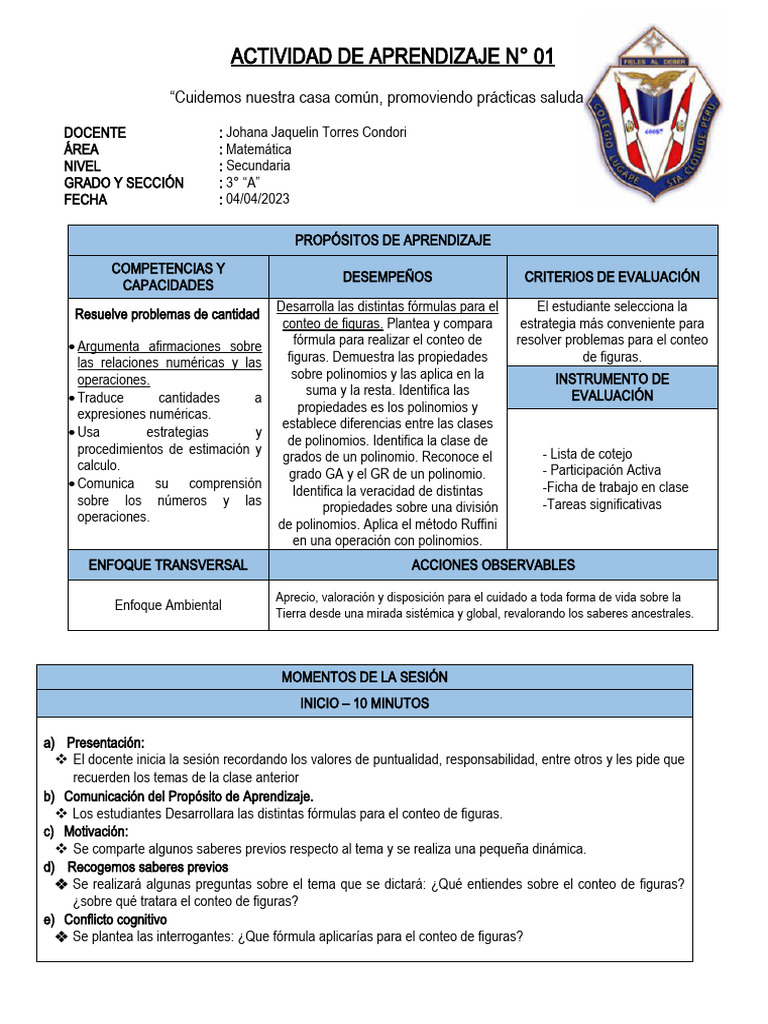 3a - Sesion de Aprendizaje - 1 - E2 | PDF | Evaluación | Aprendizaje