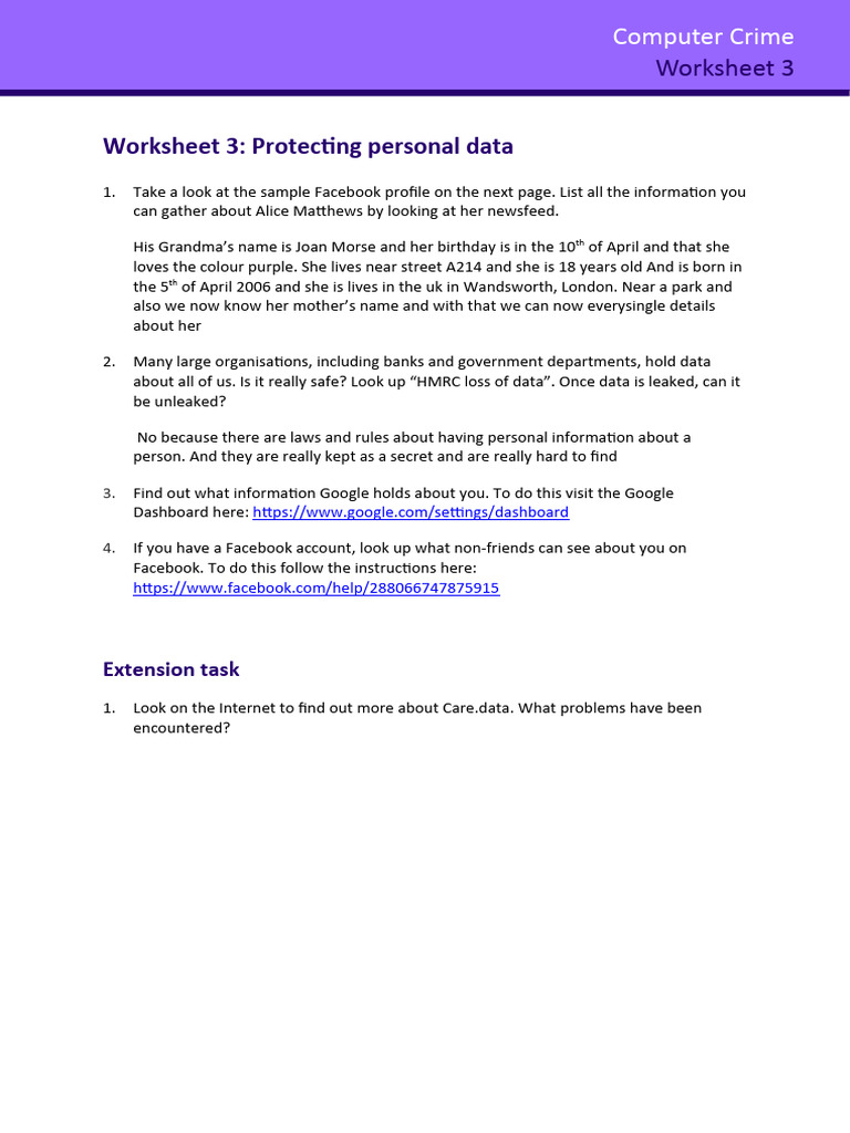 Worksheet 3 Protecting Personal Data | PDF | Social Science