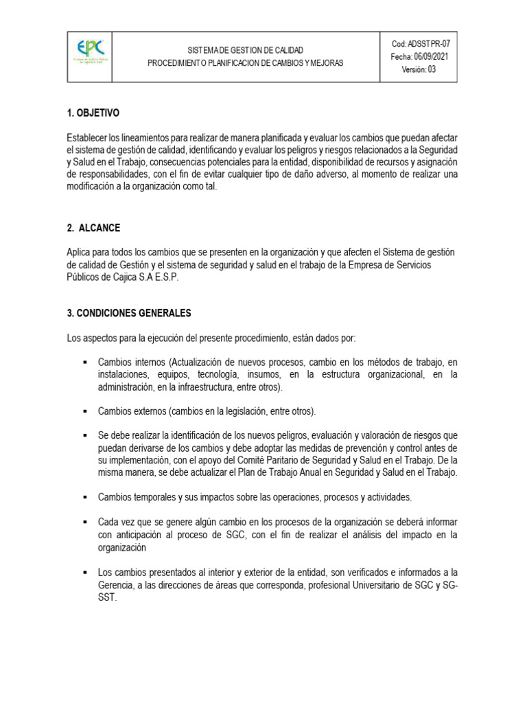 Gestión de Cambios y Mejoras | PDF | Sistema de manejo de calidad | Planificación