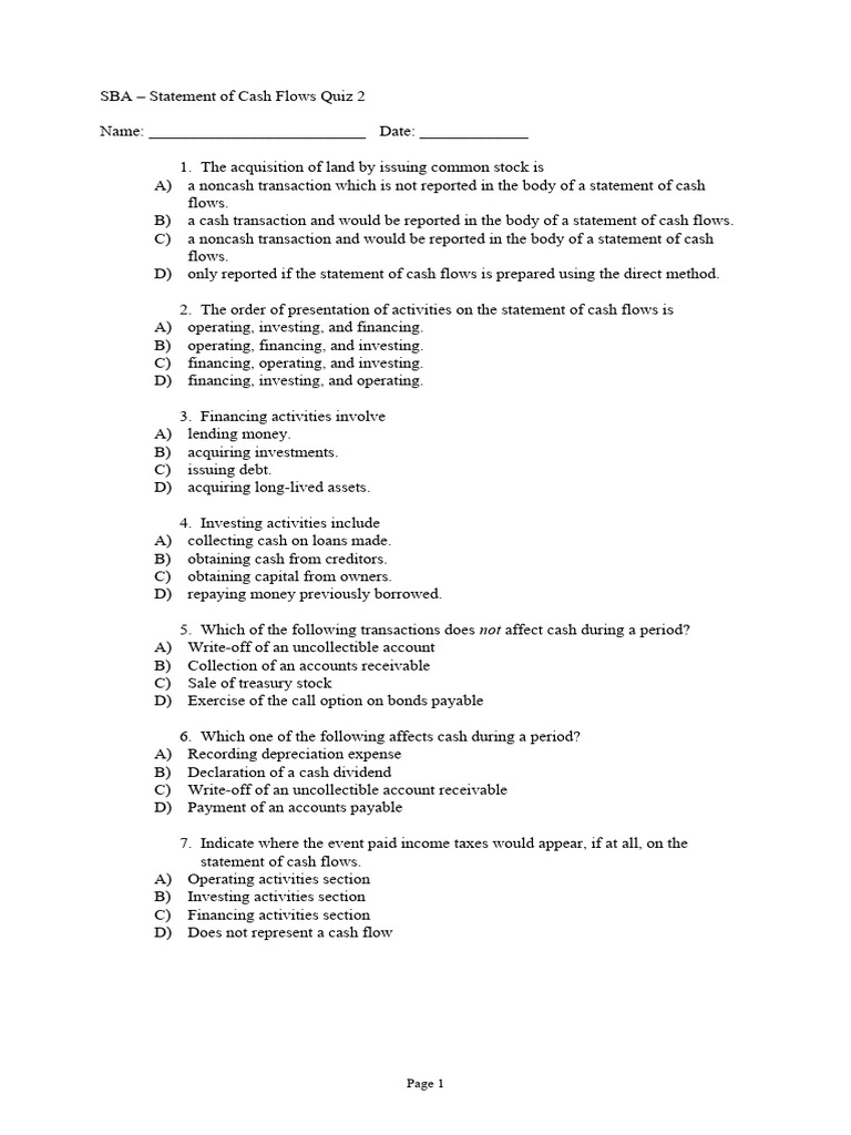 SBA Cash Flows Quiz Questions | PDF | Cash Flow Statement | Expense