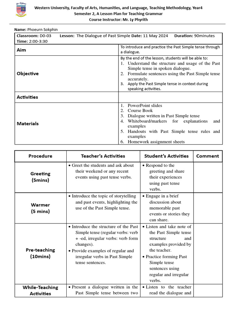 Past Simple Tense Lesson Plan | PDF | Grammatical Tense | Lesson Plan
