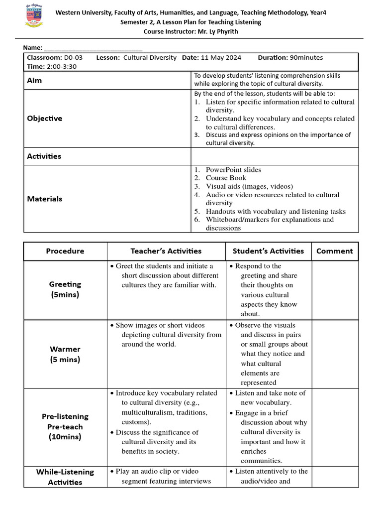 Lesson Plan: Teaching Cultural Diversity | PDF | Lesson Plan | Learning