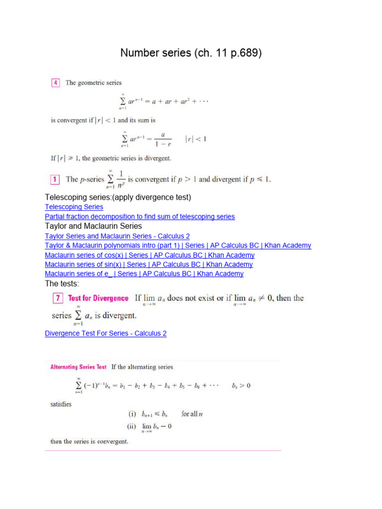 Number Series (Ch. 11 p.689) : Telescoping Series: (Apply Divergence ...