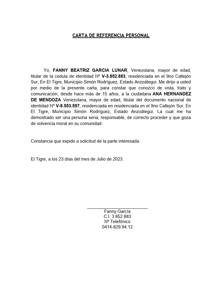 Carta de Referencia Personal en El Tigre | PDF