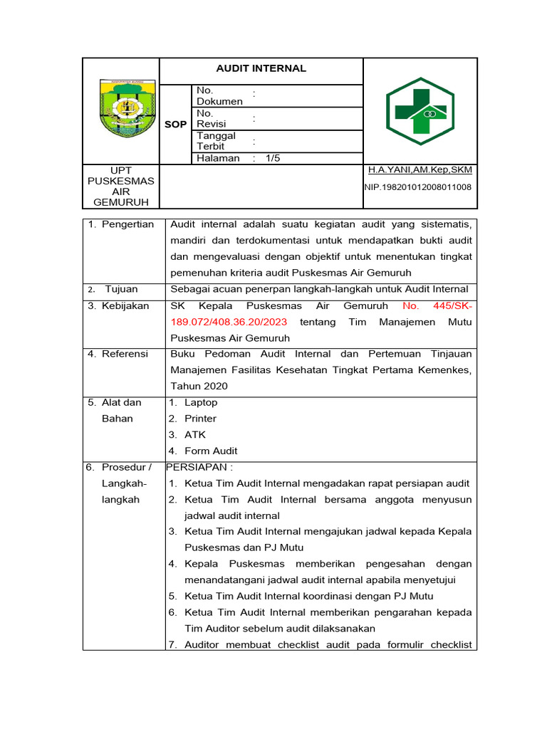 Prosedur Audit Internal Puskesmas Air Gemuruh | PDF | Teknologi & Rekayasa