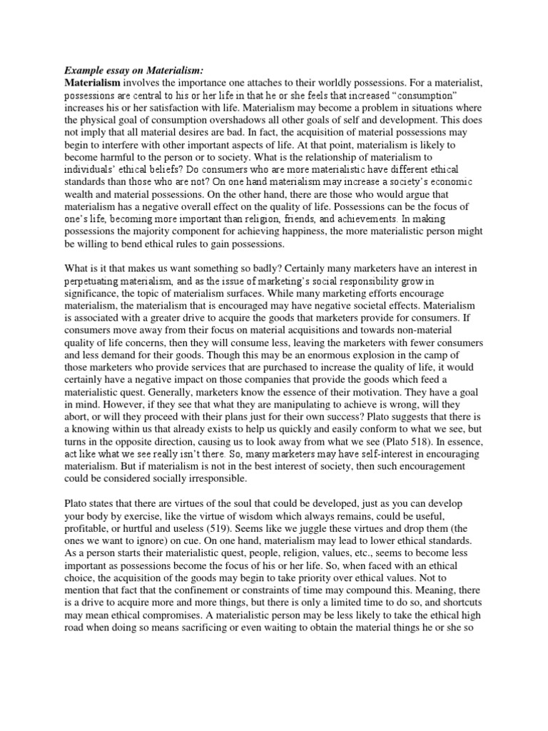 Example Essay On Materialism | PDF | Materialism | Quality Of Life