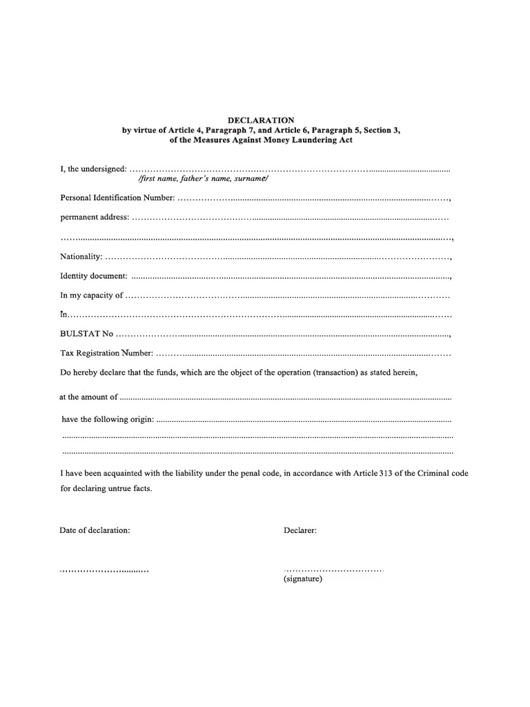 Formulario Declaration Funds CI | PDF