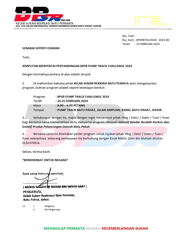 Surat Jemputan Pertandingan BPSR Pump Track Challenge 2024 | PDF