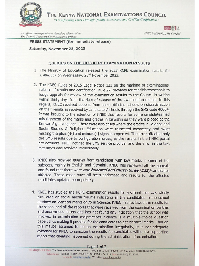 Press Statement - KCPE Results 2023 | PDF