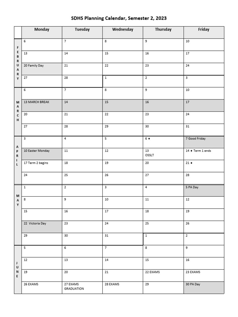 SDHS Semester 2 2023 Planning Calendar | PDF