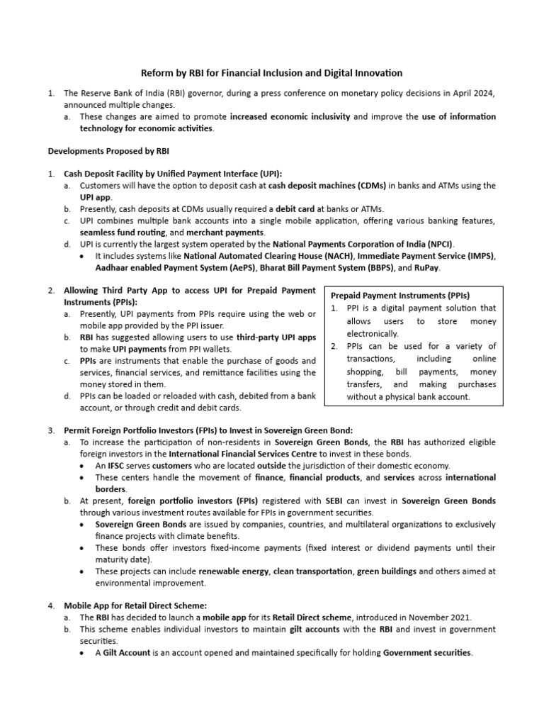 Reform by RBI For Financial Inclusion and Digital Innovation | PDF ...